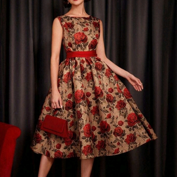 AA Collection | Dresses | Elegant Floral Print Belted Sleeveless Dress ...